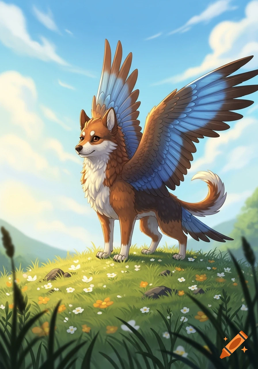 An illustrative fantasy creature, a brown and white winged dog, stands ...