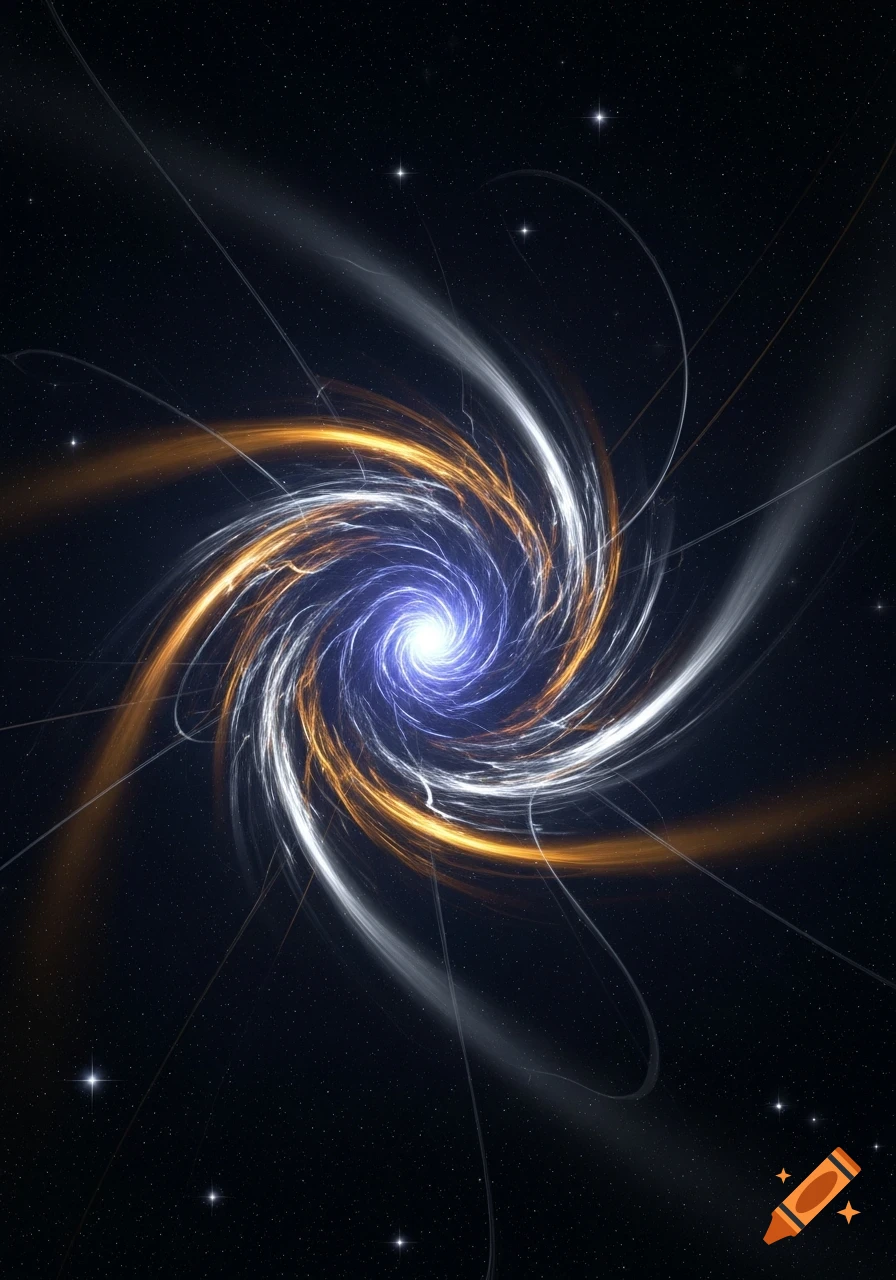 A vibrant blue, white, and orange spiraling energy vortex against a ...