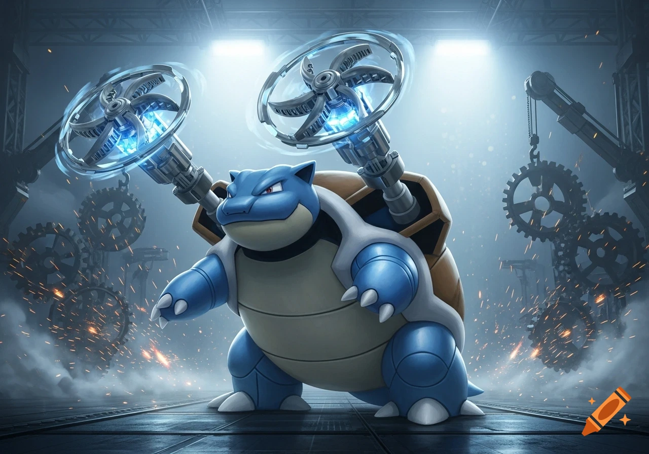 Blastoise with large mechanical rotors on its back stands in a gritty ...