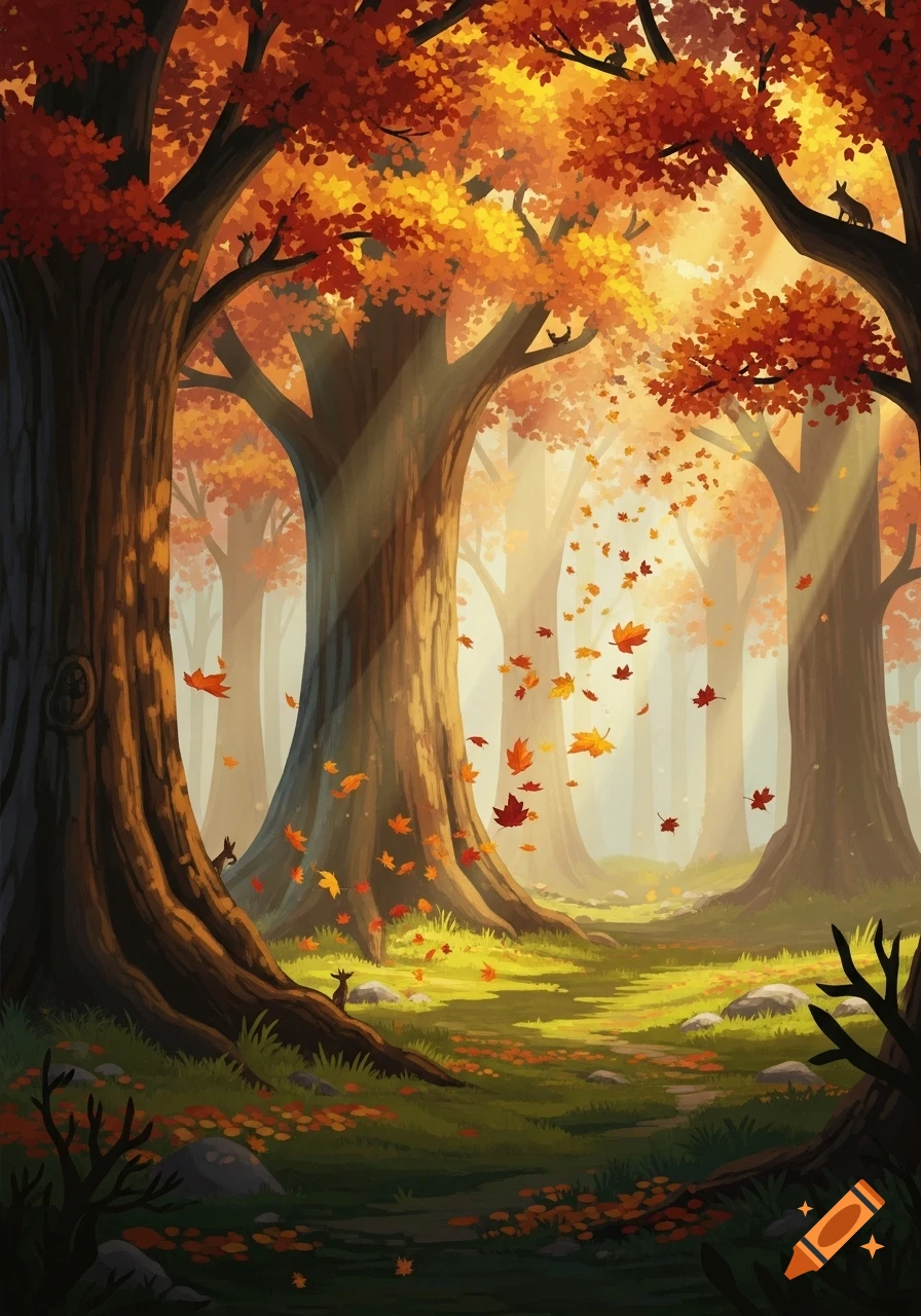 Vibrant stylized illustration of an autumn forest path with sunlight ...