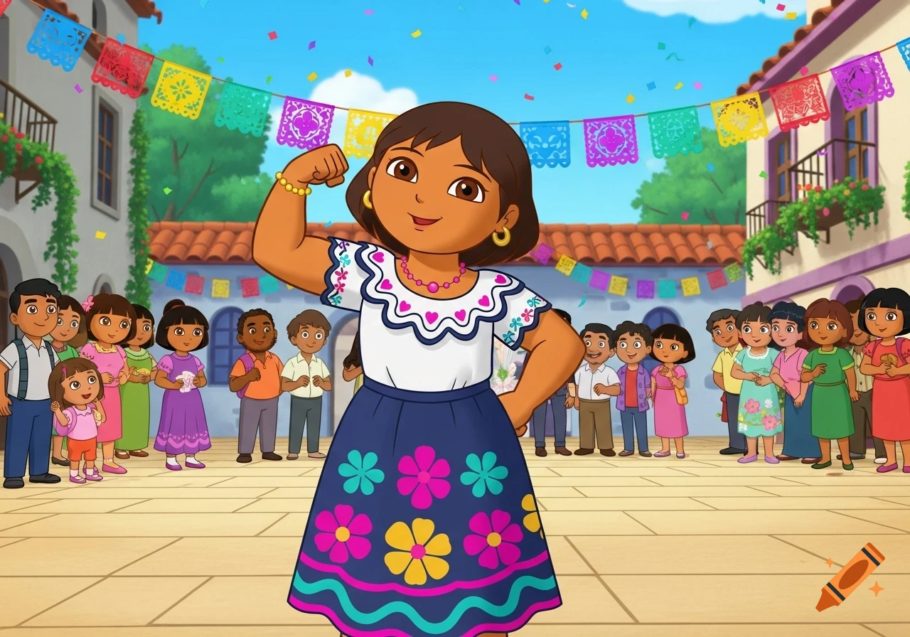 Dora's Mami flexes her arm in a vibrant cartoon village square adorned ...