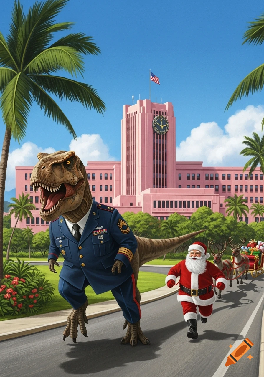 A T-Rex in a military uniform chases a running Santa Claus and his ...