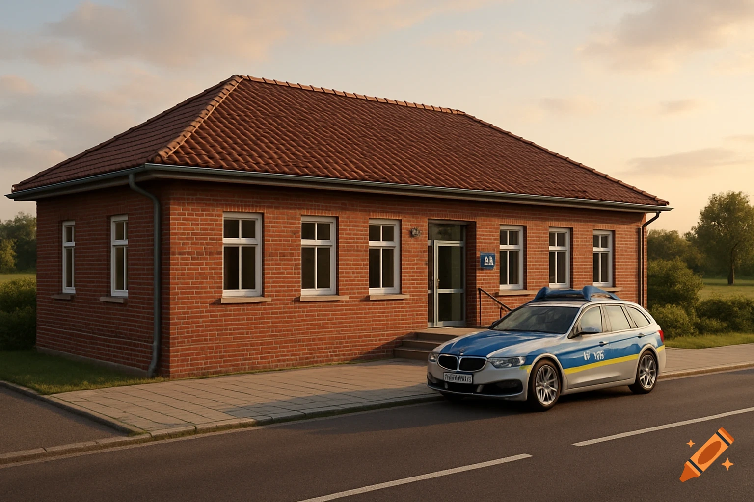 Photorealistic image of a red brick police station with a brown roof ...