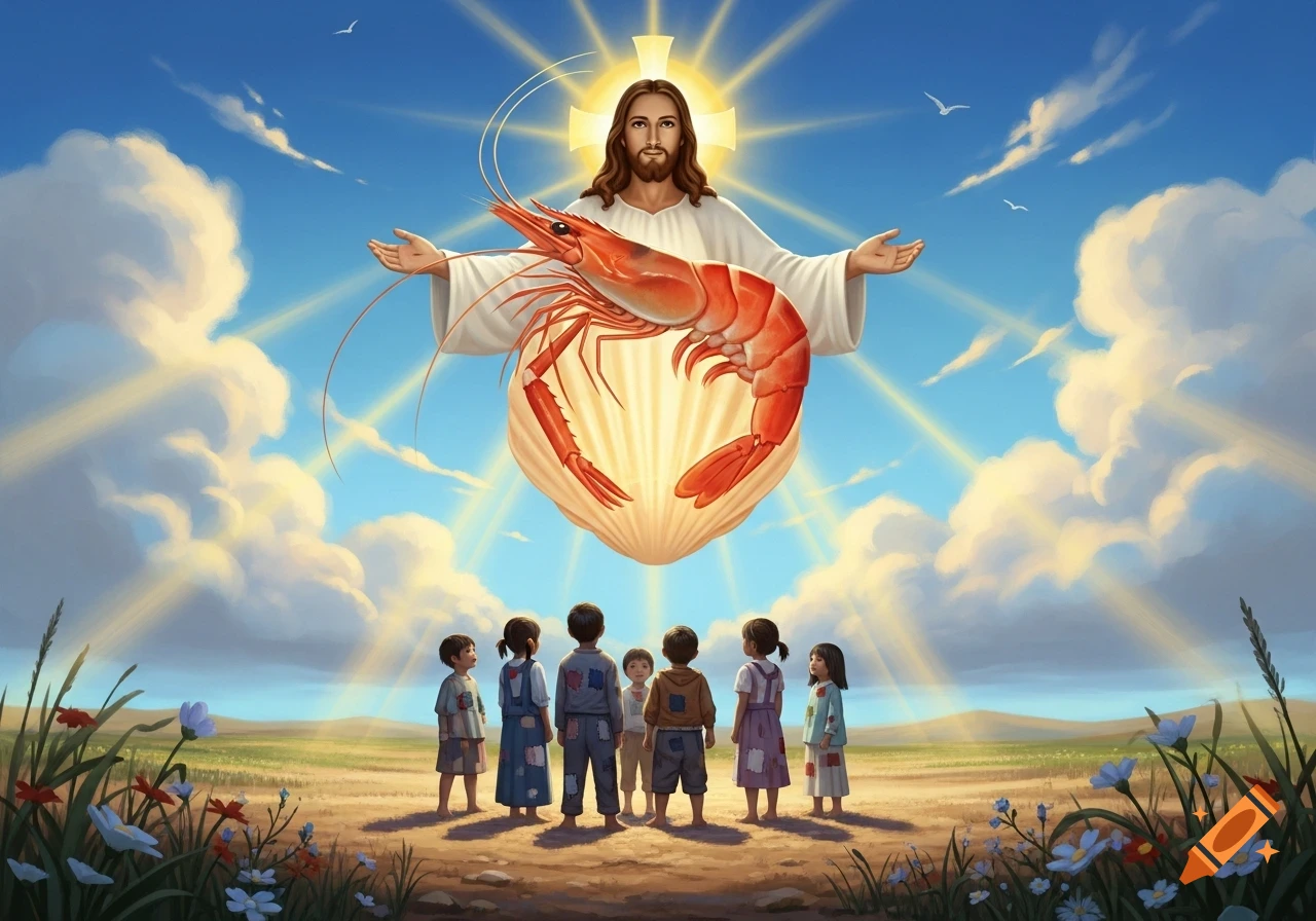 Jesus, with a halo and outstretched arms, appears in the sky holding a ...