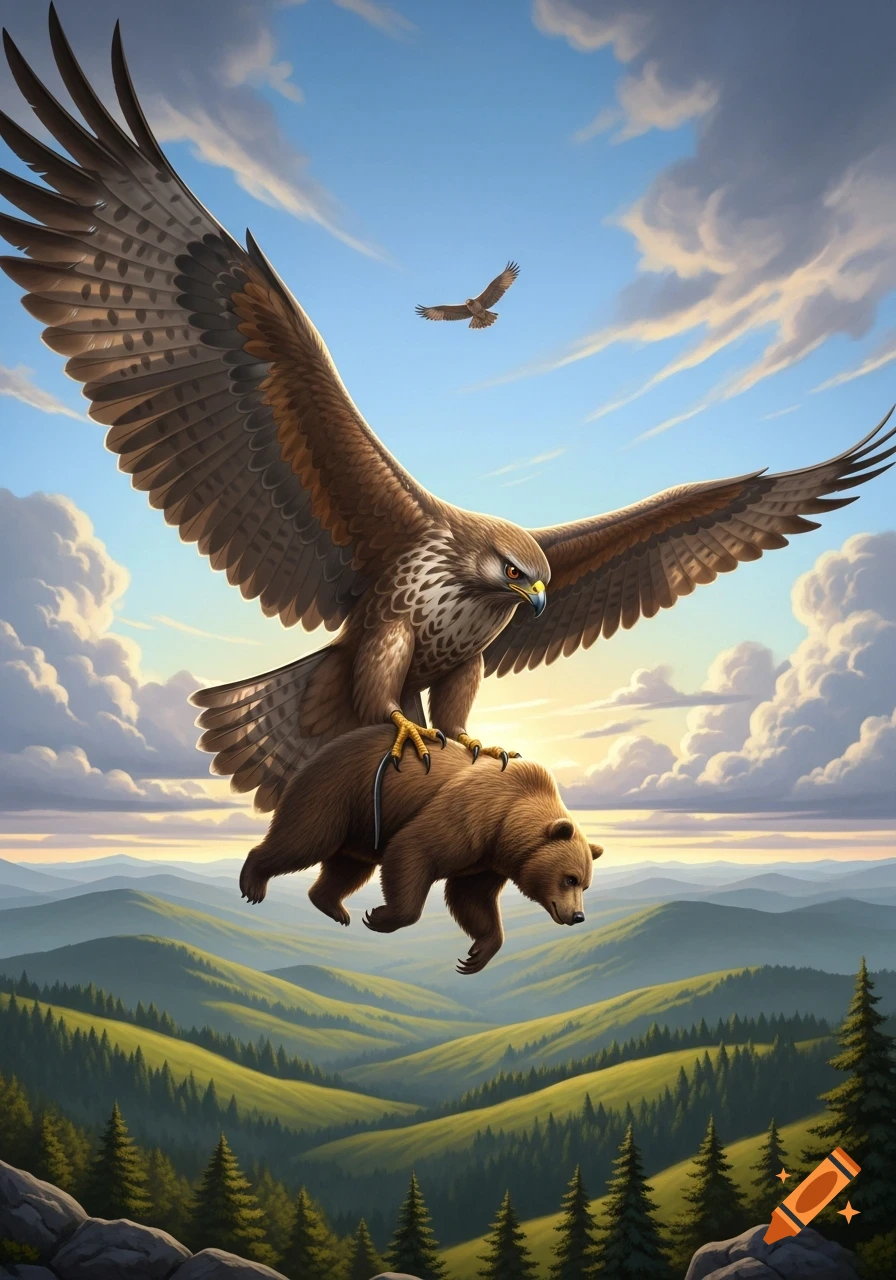 A giant hawk soars through a bright sky, carrying a brown bear in a ...
