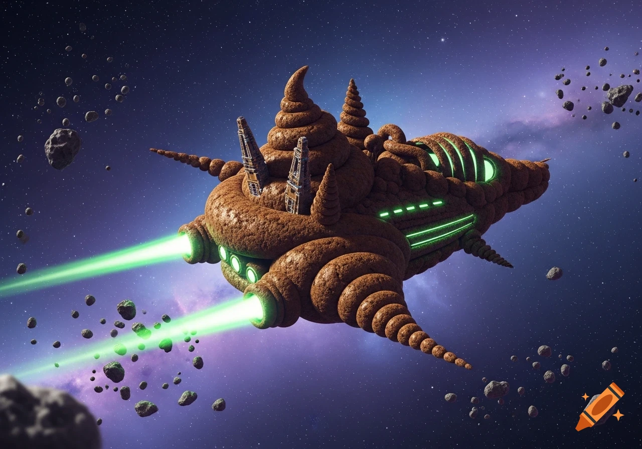 A brown spaceship shaped like dog poop, with glowing green lights and ...