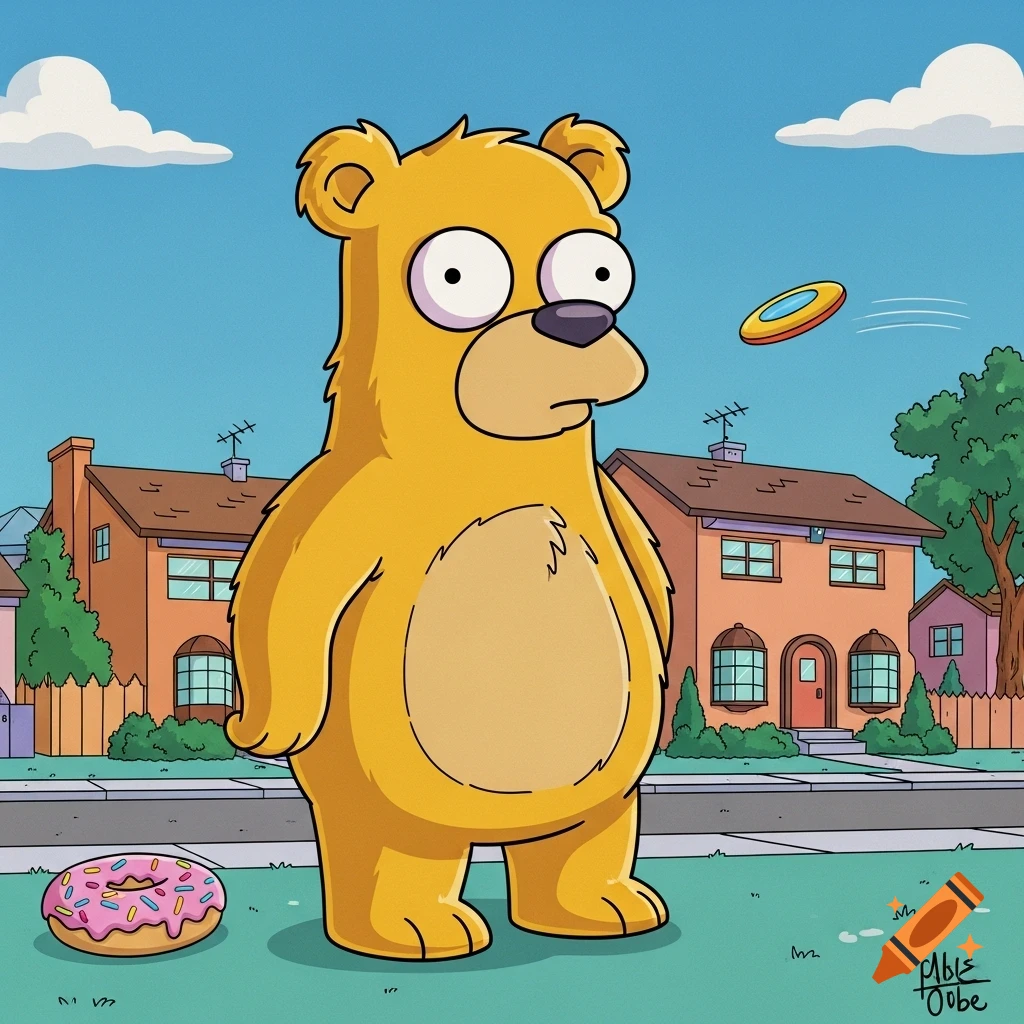 A cartoon bear in the style of The Simpsons stands in a suburban ...