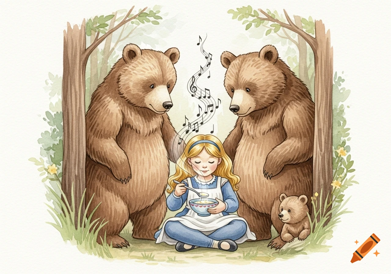 Watercolor illustration of Goldilocks eating porridge in a forest ...