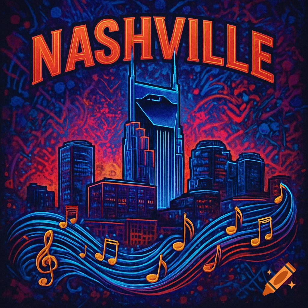 Neon stylized illustration of Nashville cityscape with musical notes ...