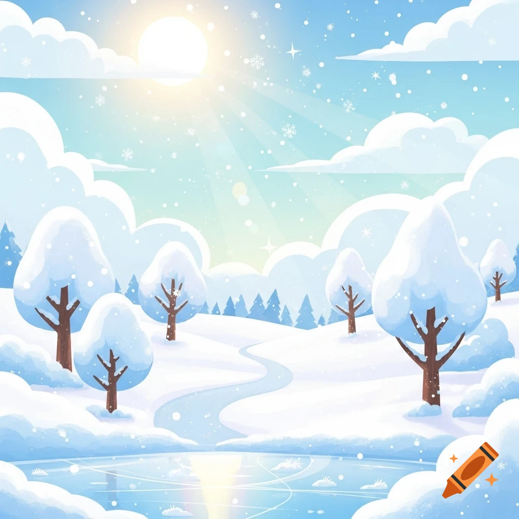 Cartoon winter landscape with snow-covered trees, a winding path, and ...