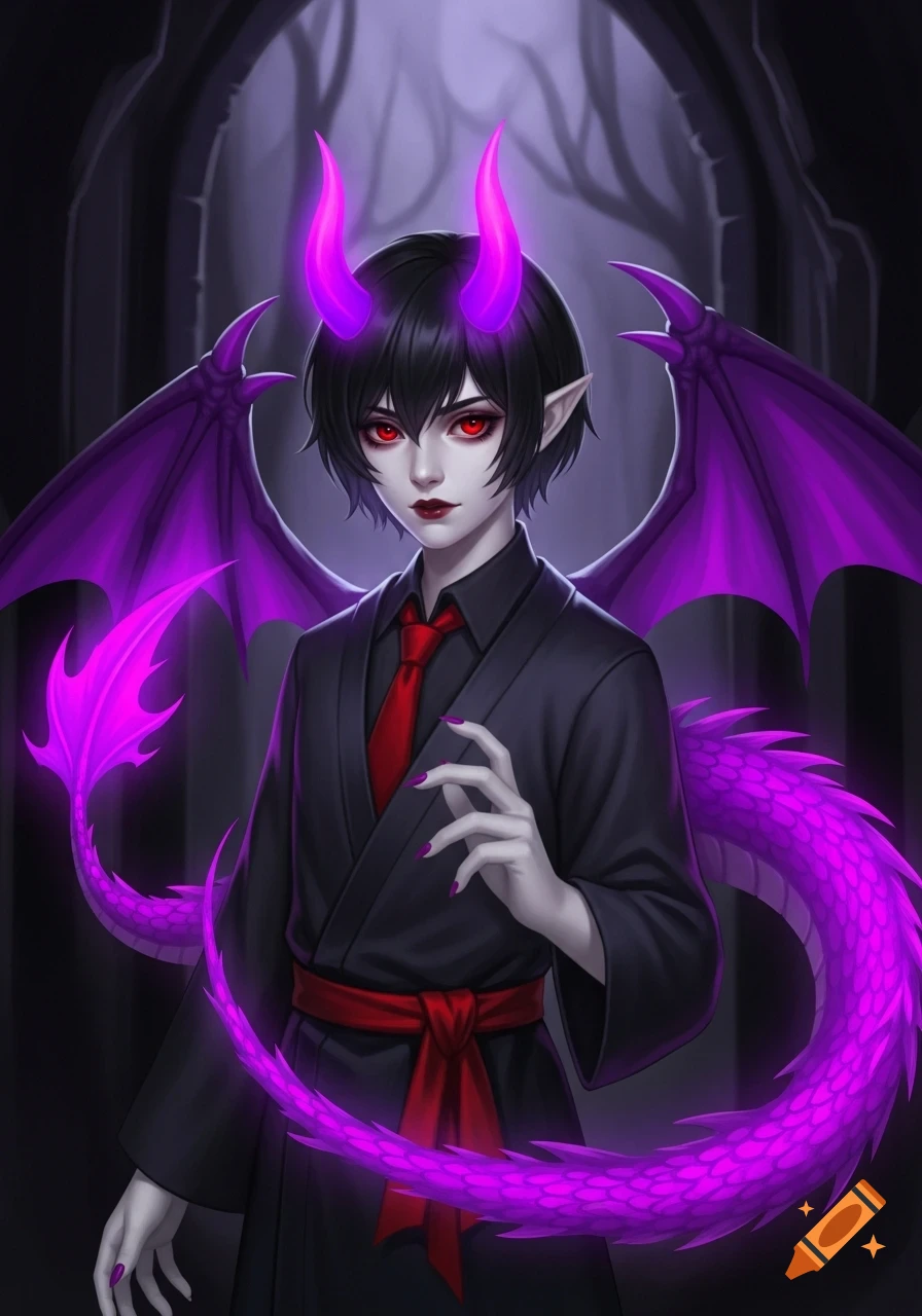 A digital art portrait of a character with black hair, red eyes, pale ...