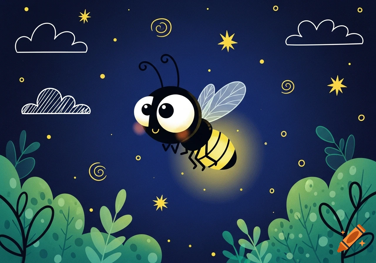 A cute, big-eyed cartoon firefly with a glowing abdomen flies in a dark ...
