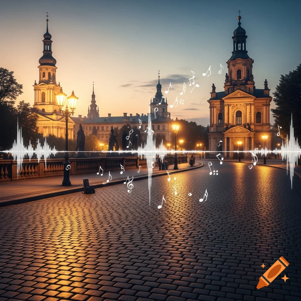 A realistic urban landscape at dusk with cobblestone streets, warm ...