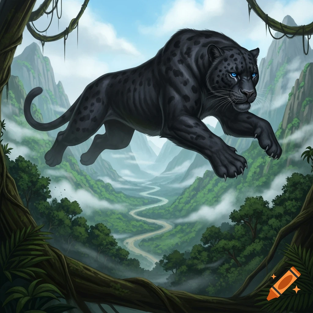 A majestic black panther with glowing blue eyes floats over a lush ...