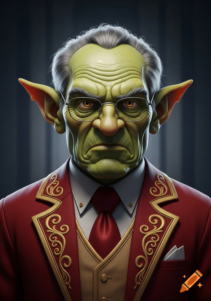 A detailed portrait of a grumpy green-skinned goblin with gray hair ...