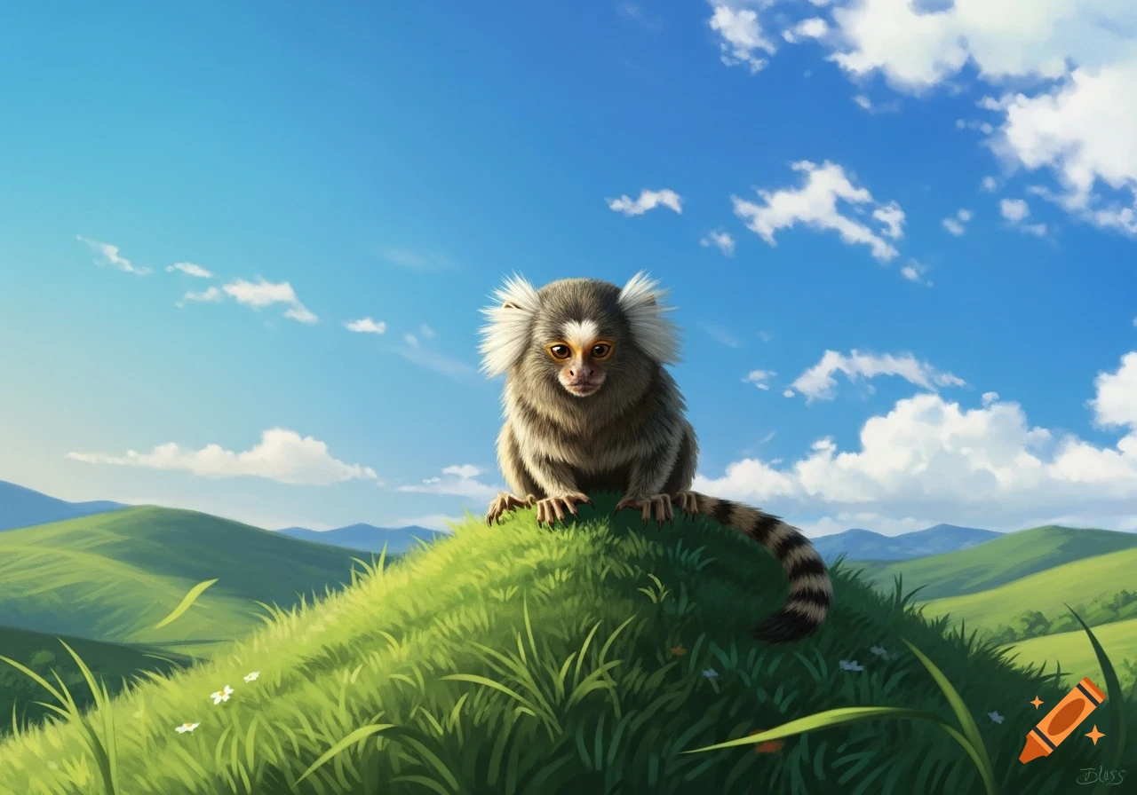 A fluffy pygmy marmoset sits on a bright green hill under a clear blue ...