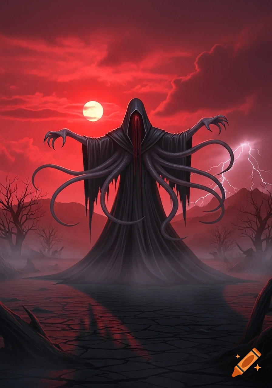 A dark, hooded creature with tentacles, glowing red eyes, and clawed ...