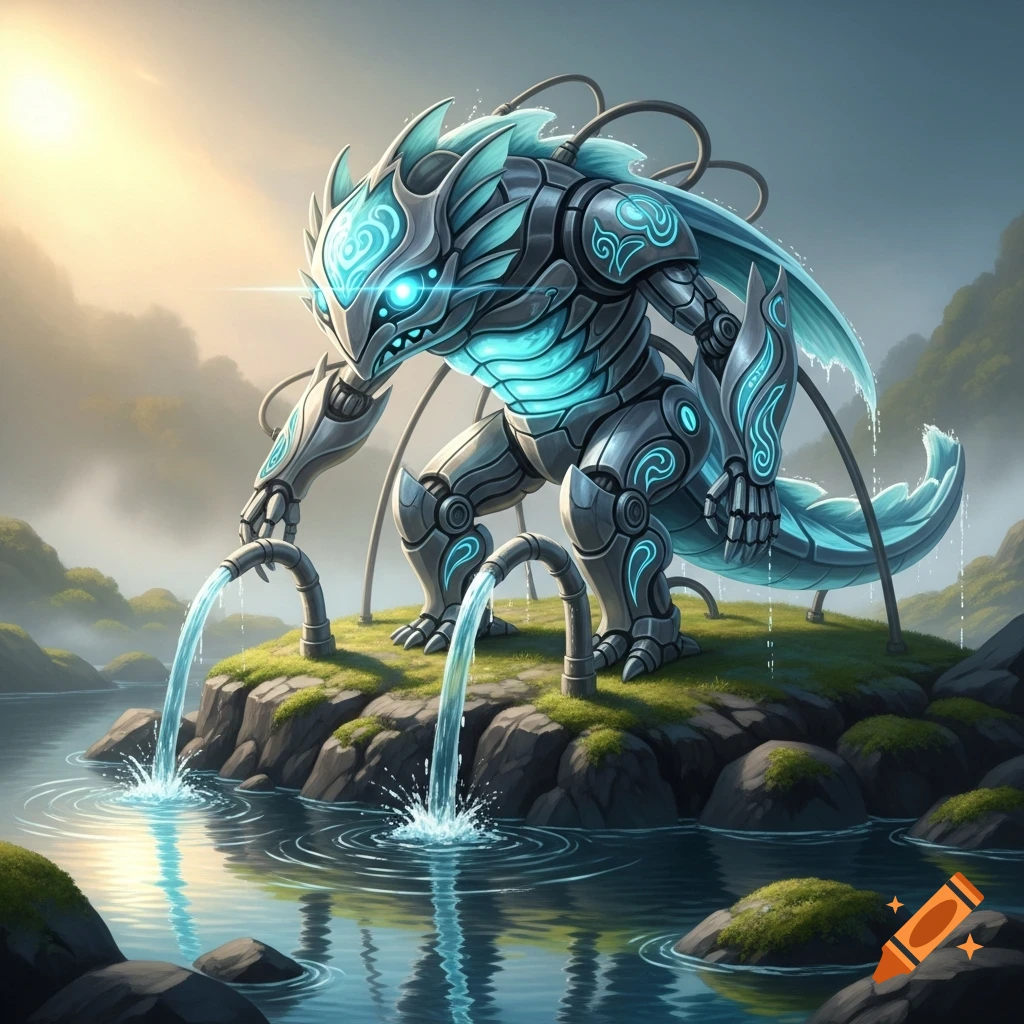 A blue and silver mechanical monster creature stands on a grassy island ...