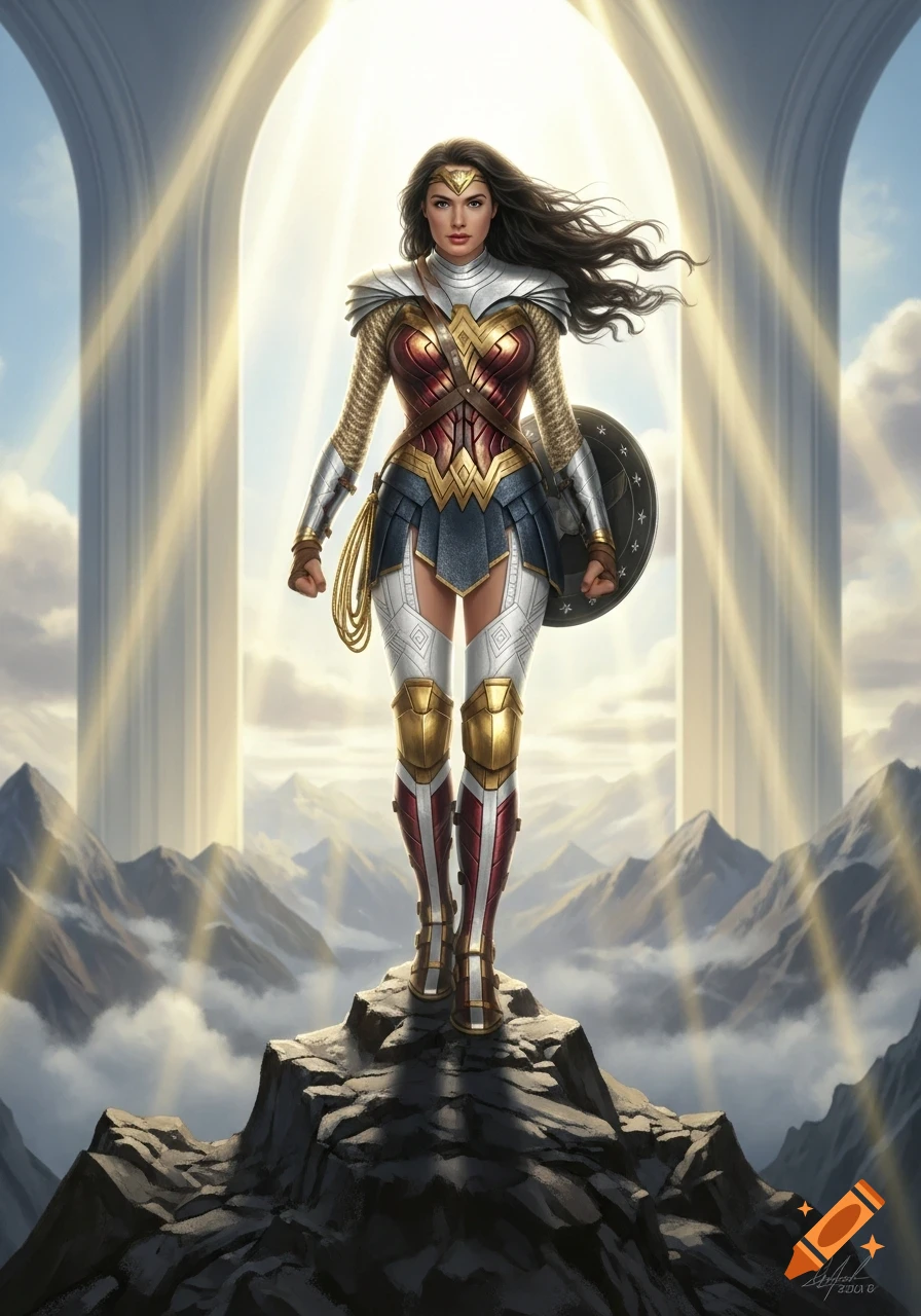 Wonder Woman in white and gold armor stands heroically on a mountain ...