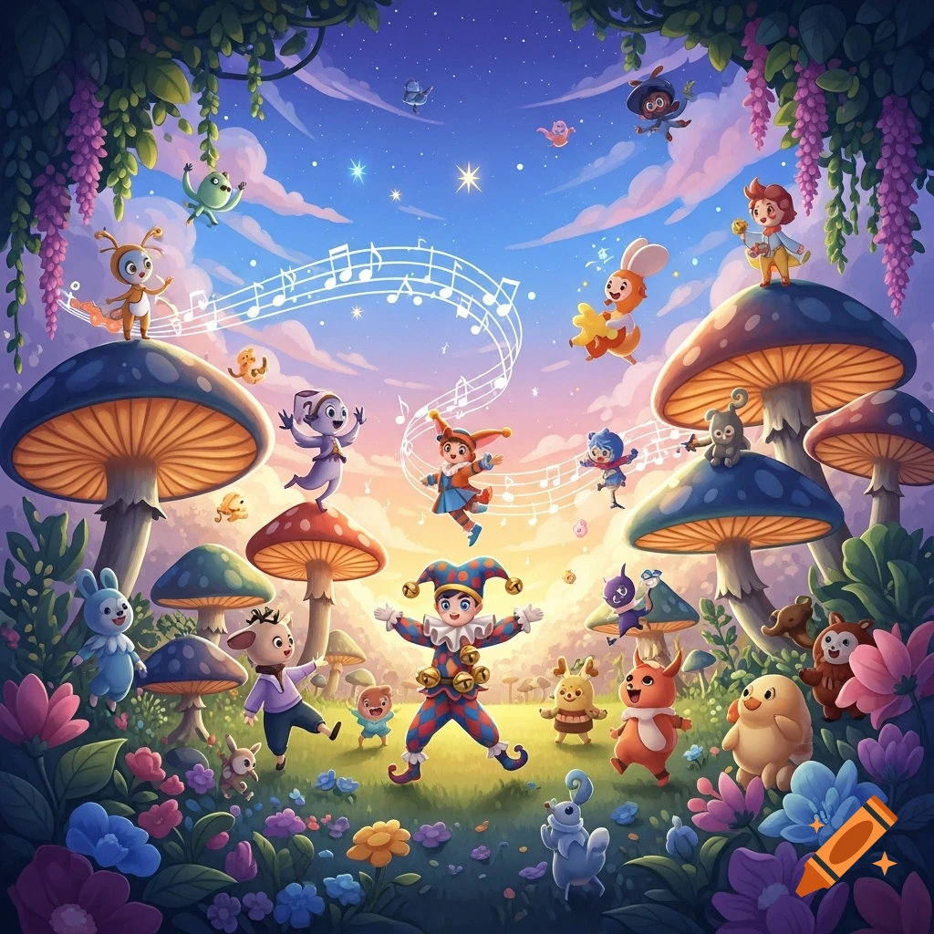 Vibrant cartoon illustration of a jester and whimsical creatures ...