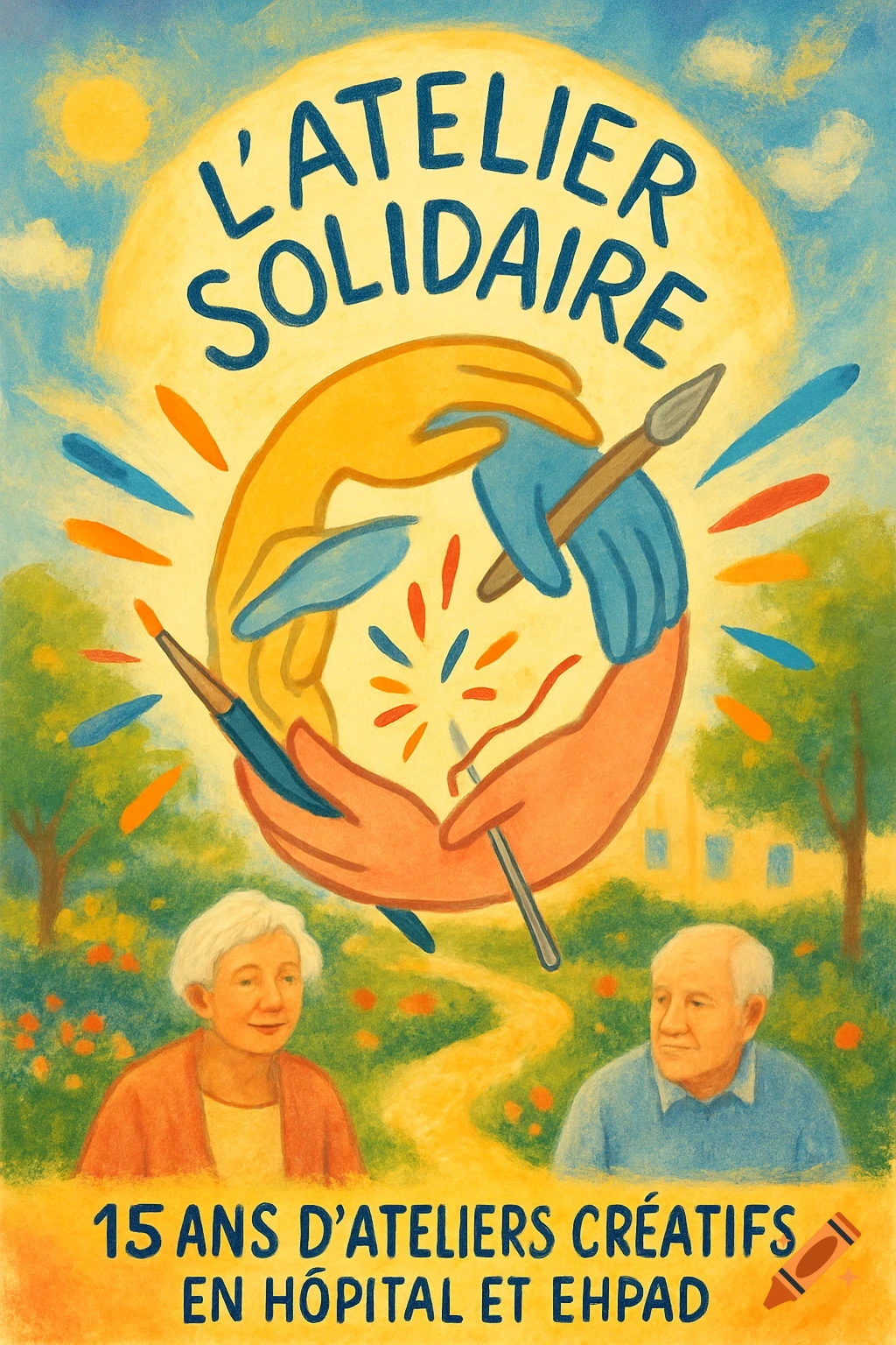 Stylized poster for 'L'ATELIER SOLIDAIRE' with hands holding ...
