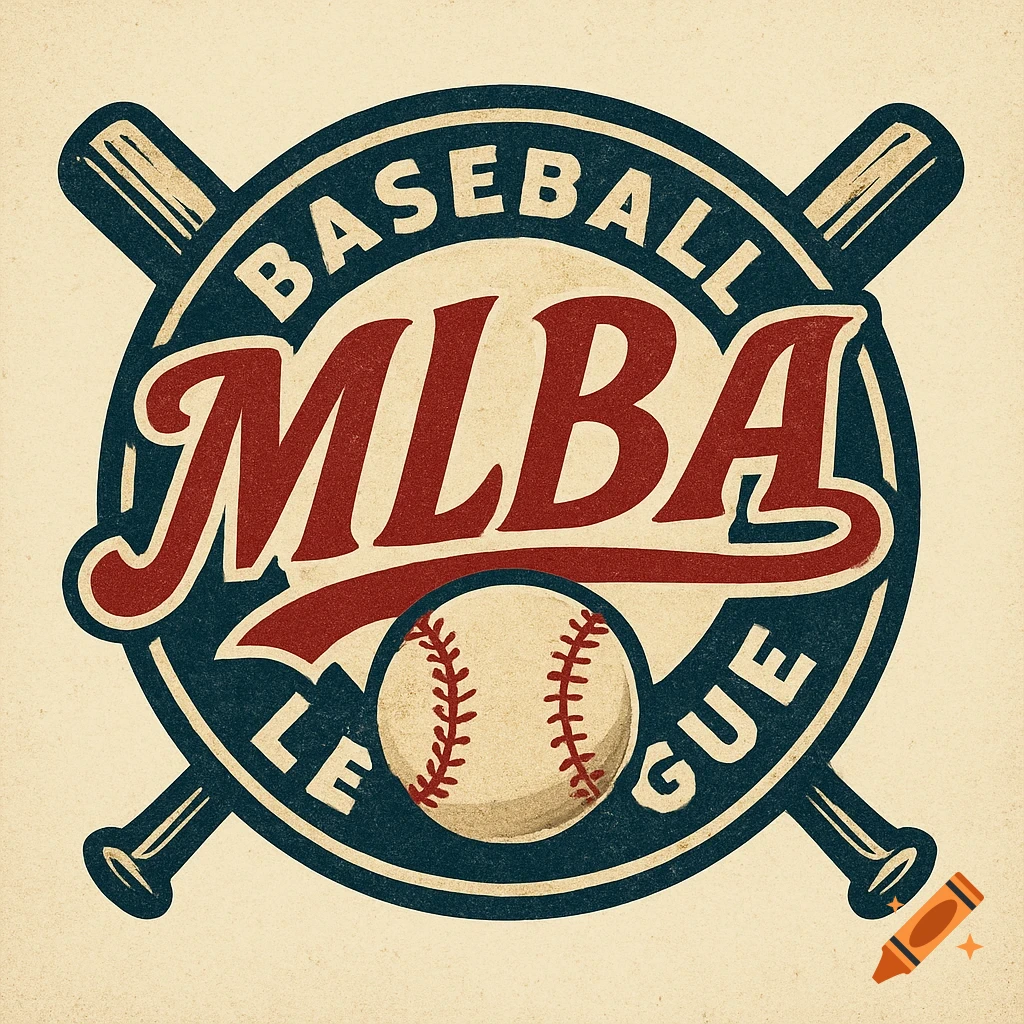 A retro baseball league logo in cream, navy, and red, featuring crossed ...