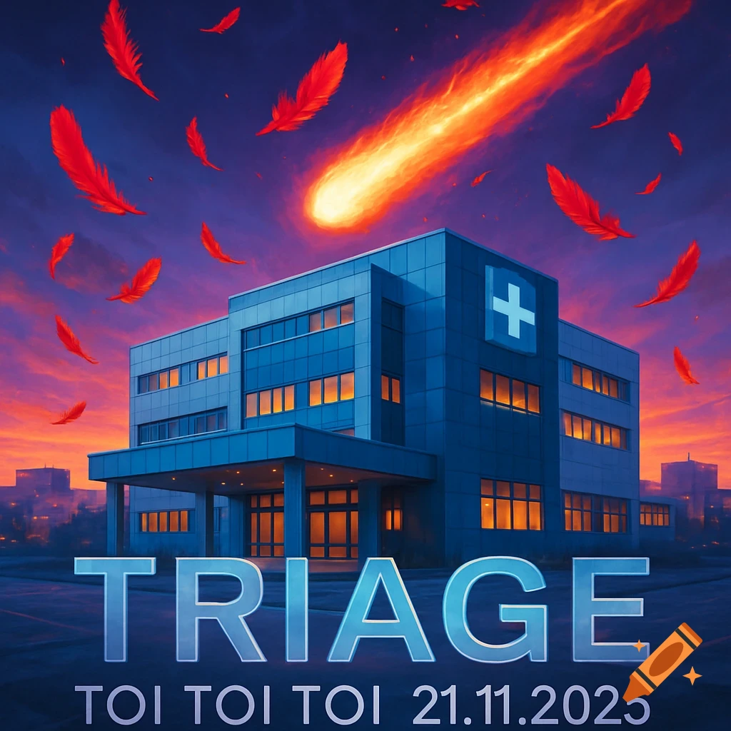 A hospital under a dramatic sunset sky with a fiery comet and falling ...