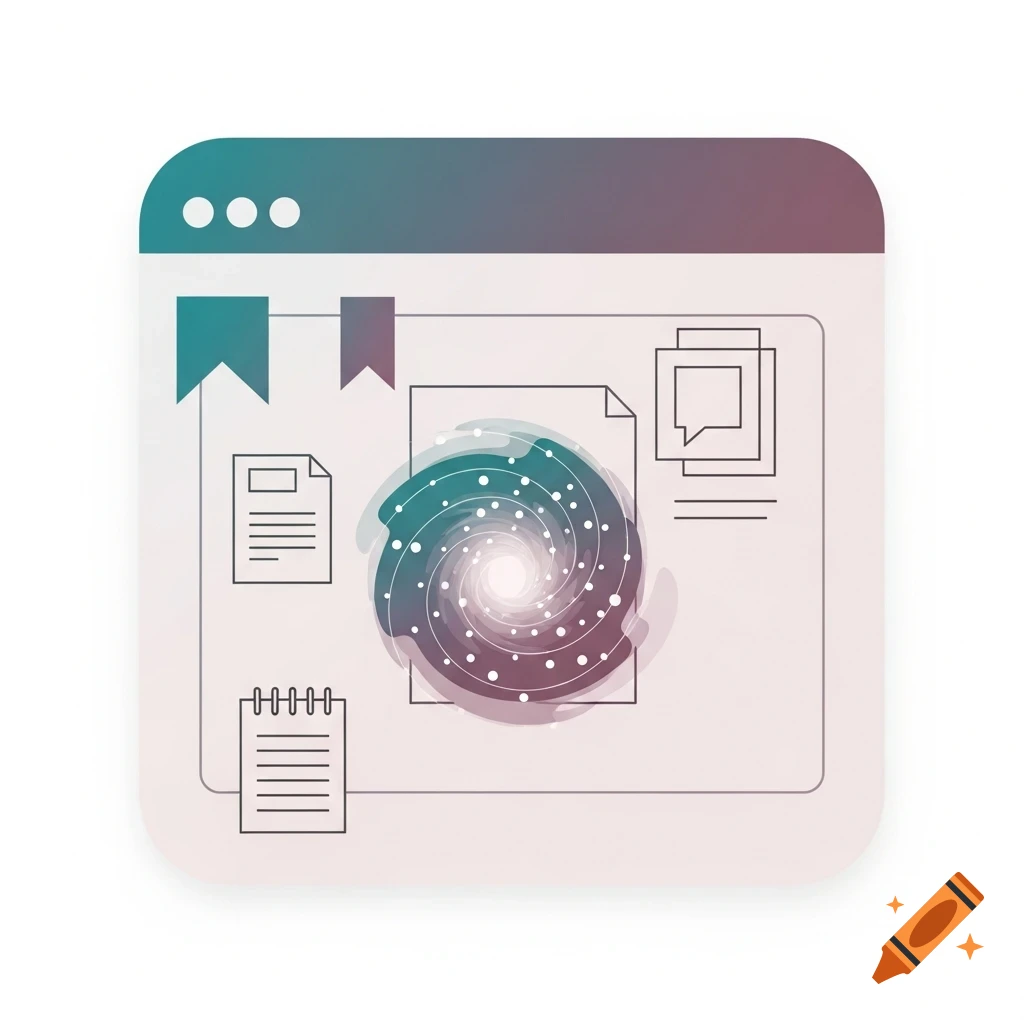 A modern app icon features a teal and mauve cosmic swirl, abstract ...