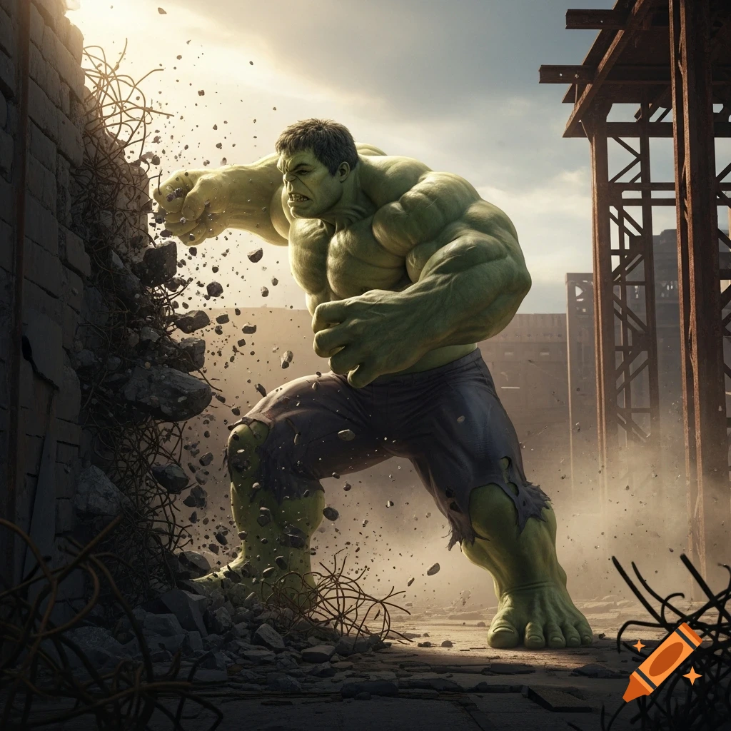The powerful Hulk smashes a stone wall, sending rubble flying, in a ...