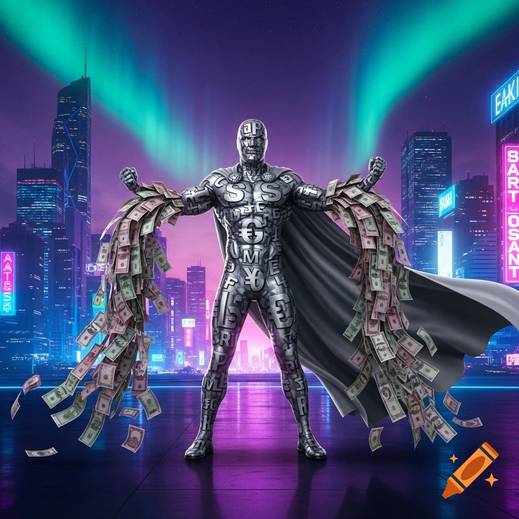 A chrome superhero covered in currency symbols stands with arms forming ...