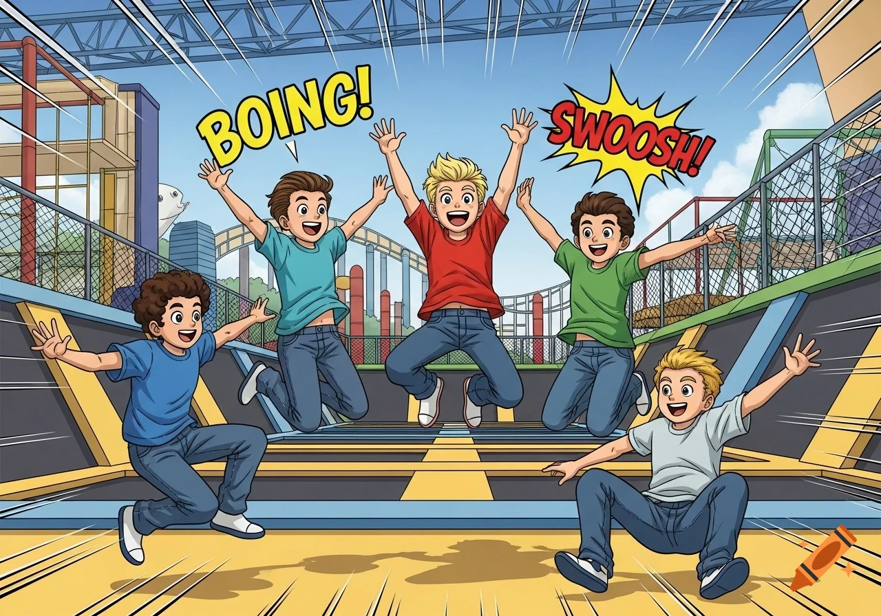 Five boys joyfully jumping on trampolines in a vibrant comic art style ...