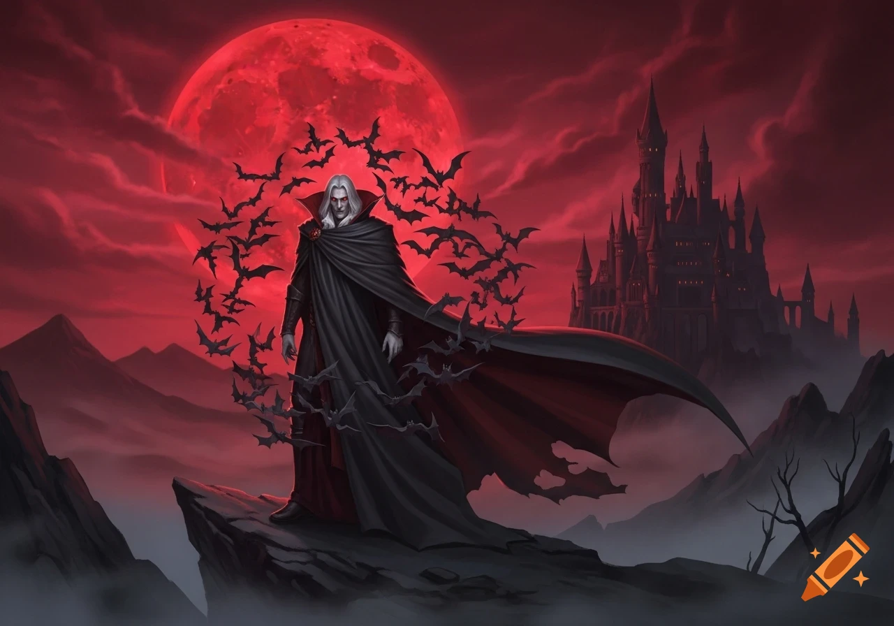A White Haired Vampire Lord In A Dark Cape Stands On A Cliff