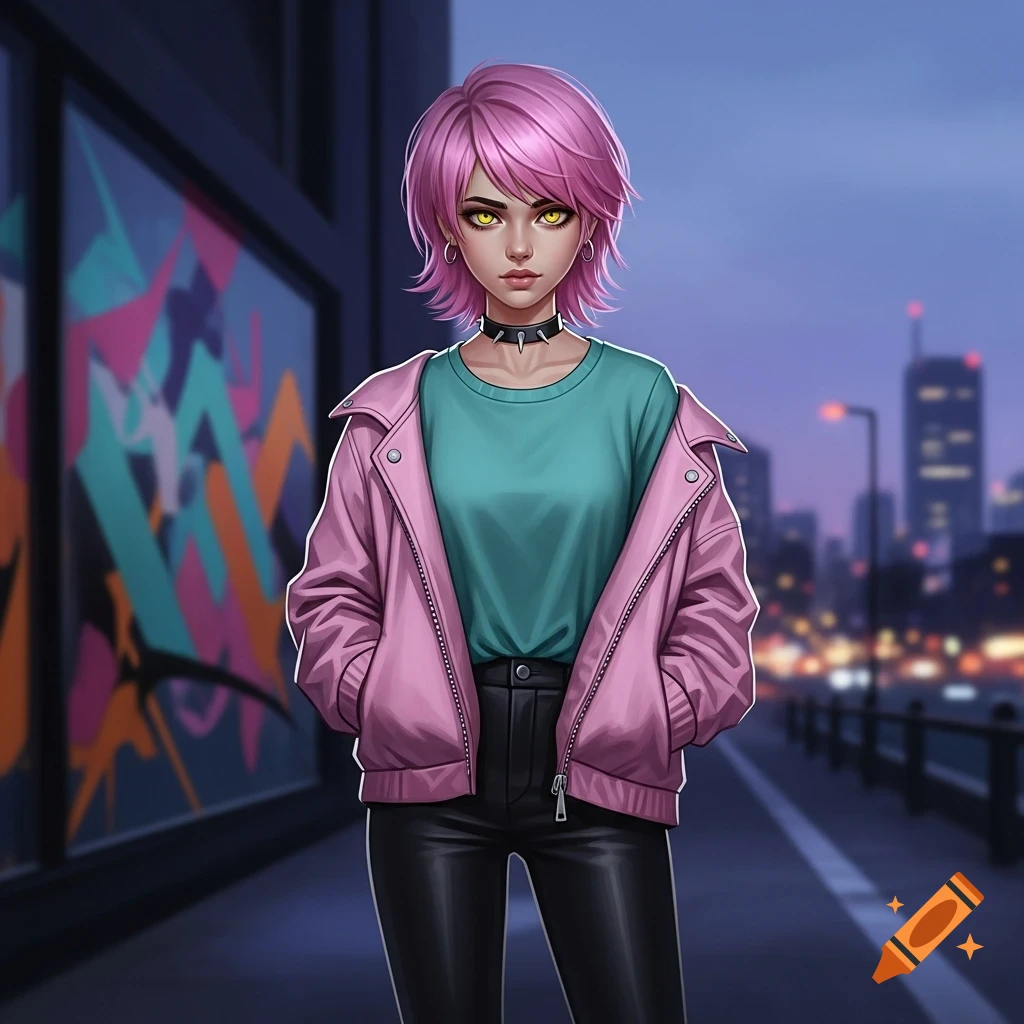 A stylized digital portrait of a pink-haired tomboy with yellow eyes ...