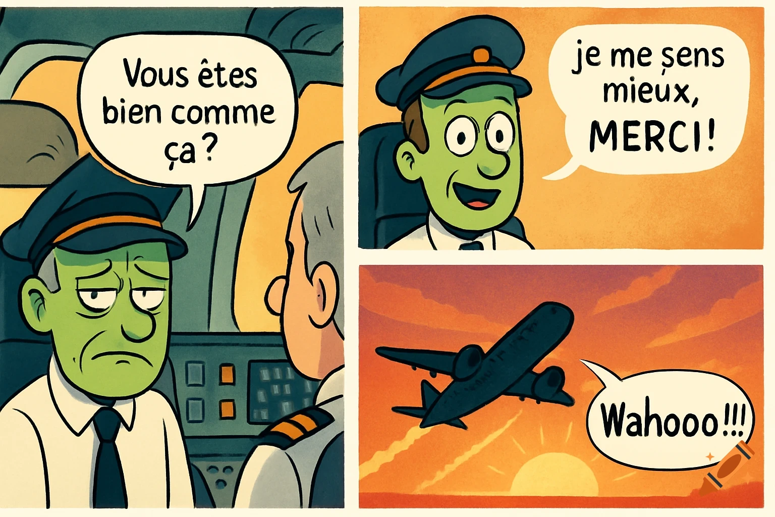 A three-panel cartoon comic strip: a sick-looking green pilot in a ...