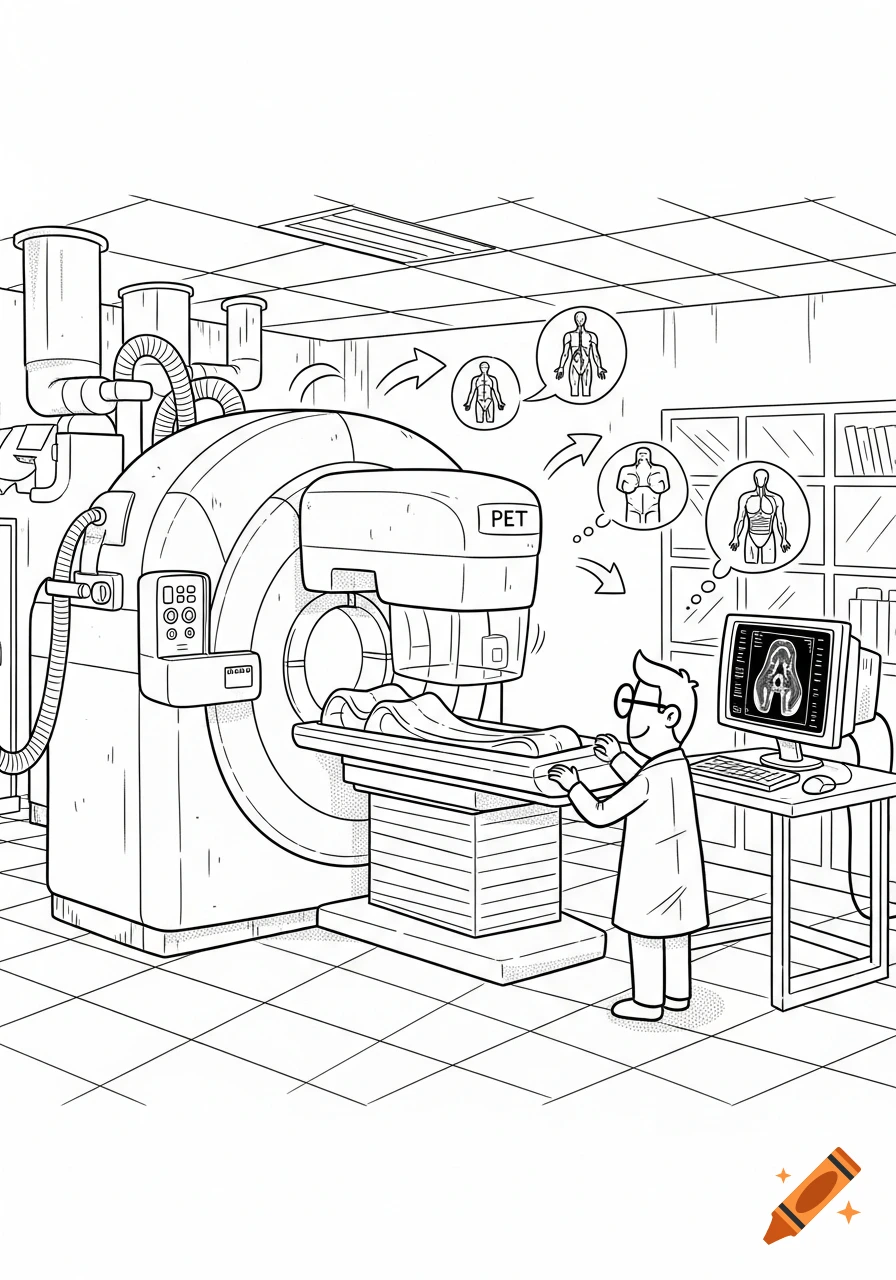A black and white cartoon of a doctor operating a PET scan machine in a ...