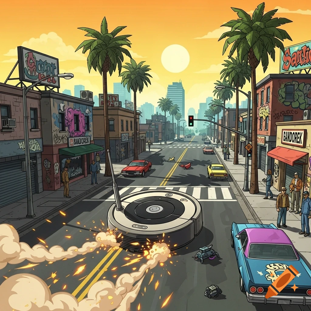 A vibrant cartoon city street scene, inspired by GTA San Andreas, with ...