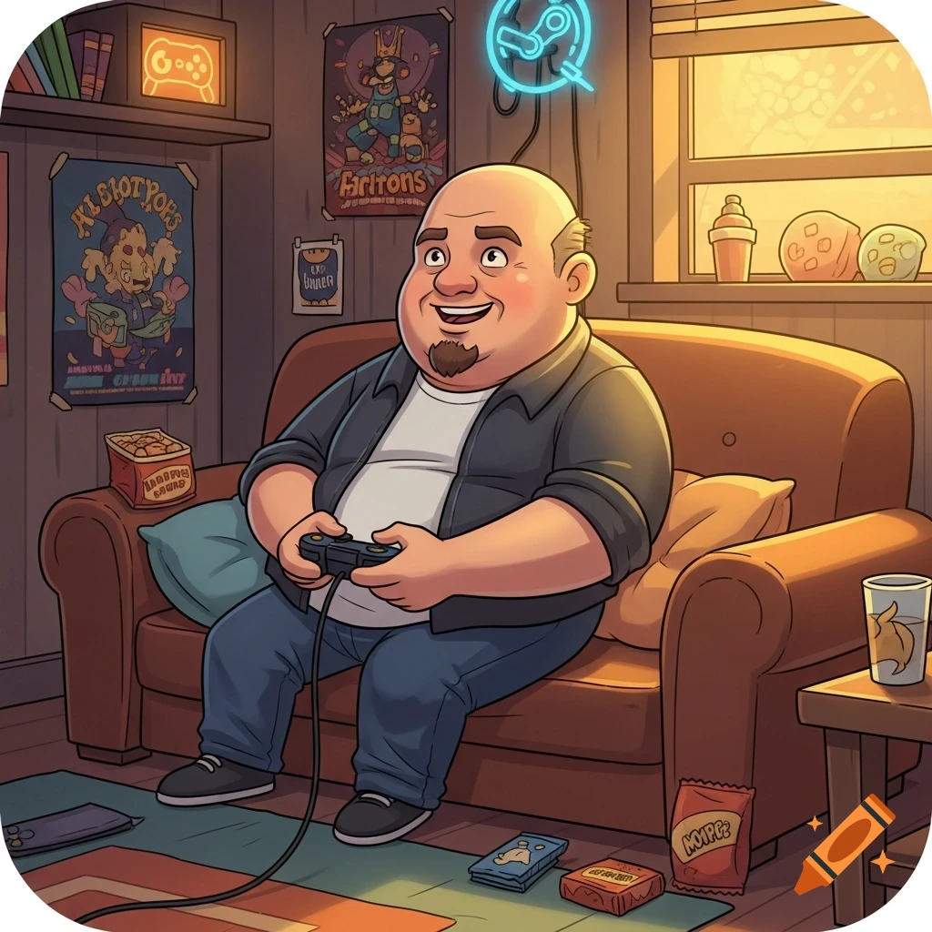 Cartoon of a bald, middle-aged man with a goatee playing video games on ...