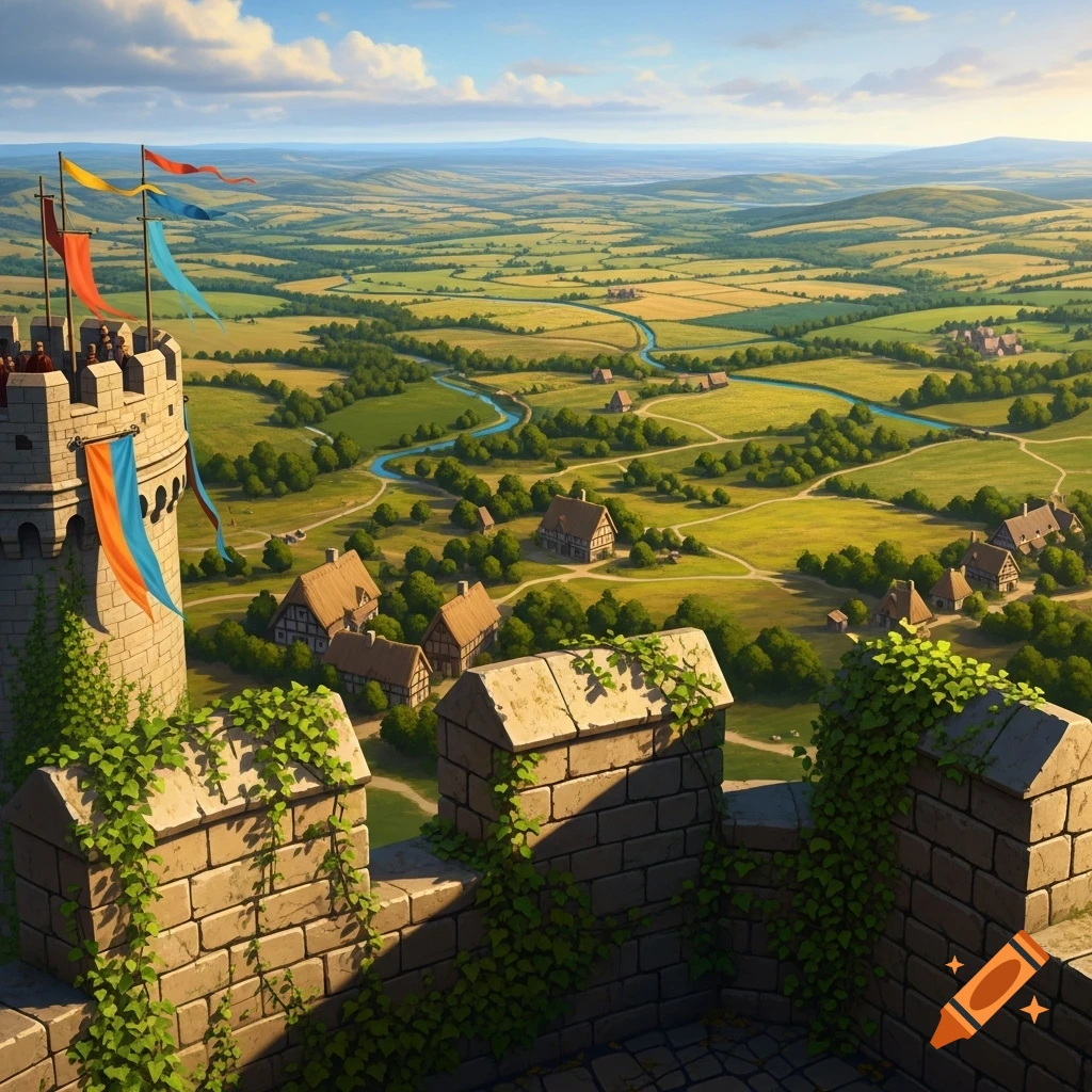 View from a medieval castle wall overlooking a valley with a winding ...