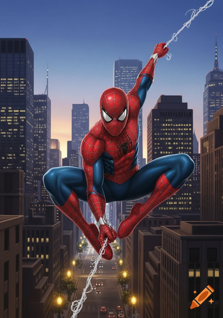 Spider-Man swings through a city at dusk, rendered in a vibrant comic ...