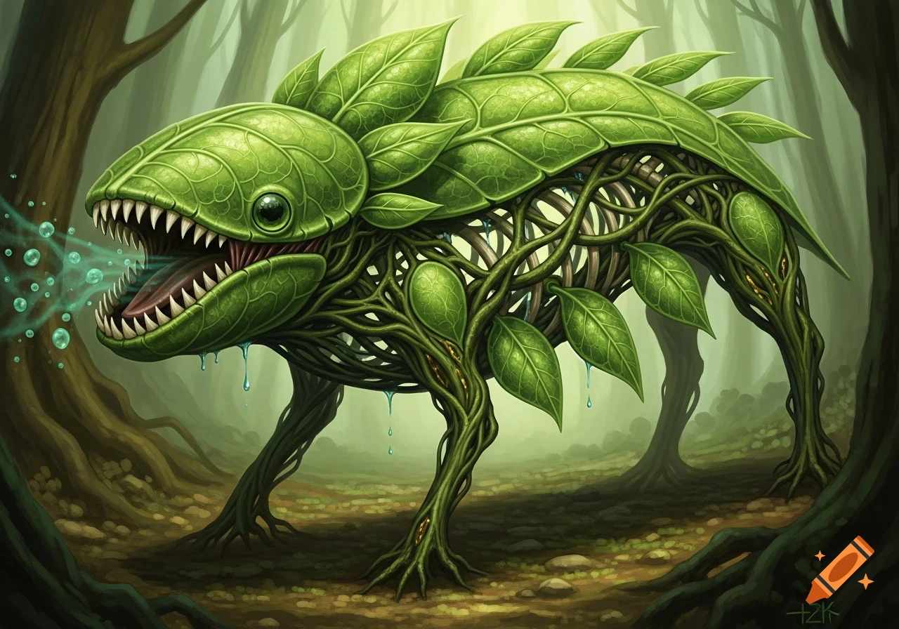A vibrant green fantasy creature made of leaves and roots, with sharp ...