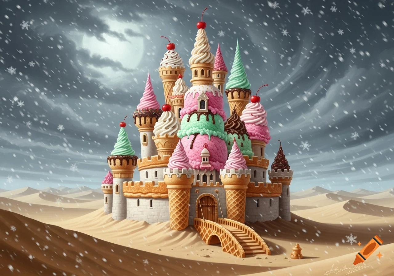 A whimsical ice cream castle with colorful scoops and waffle cone ...