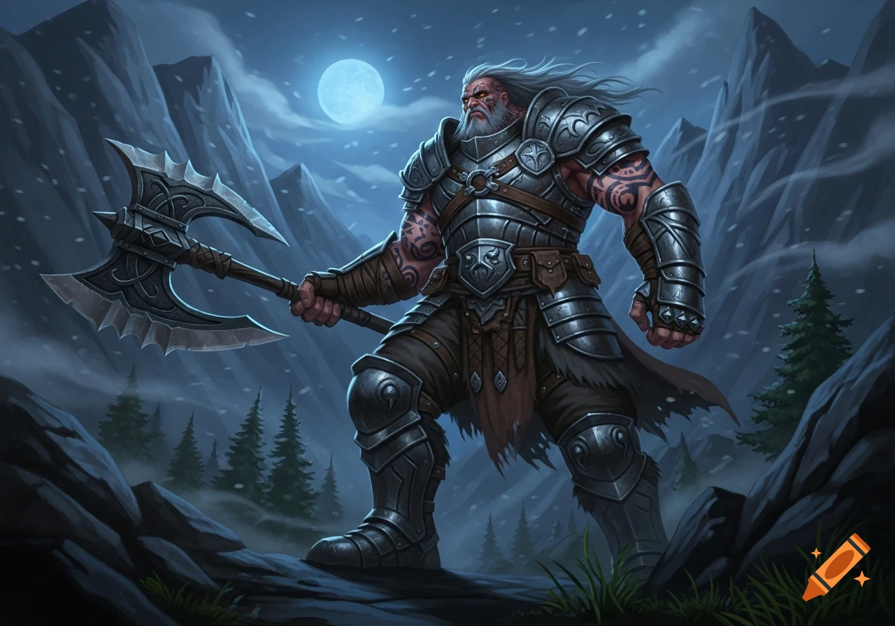 A fantasy goliath warrior in splint mail armor, with tattoos and a ...