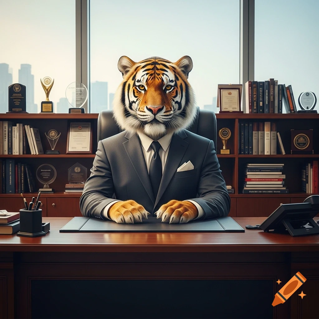 A photorealistic tiger in a suit sits behind a large wooden desk in a ...
