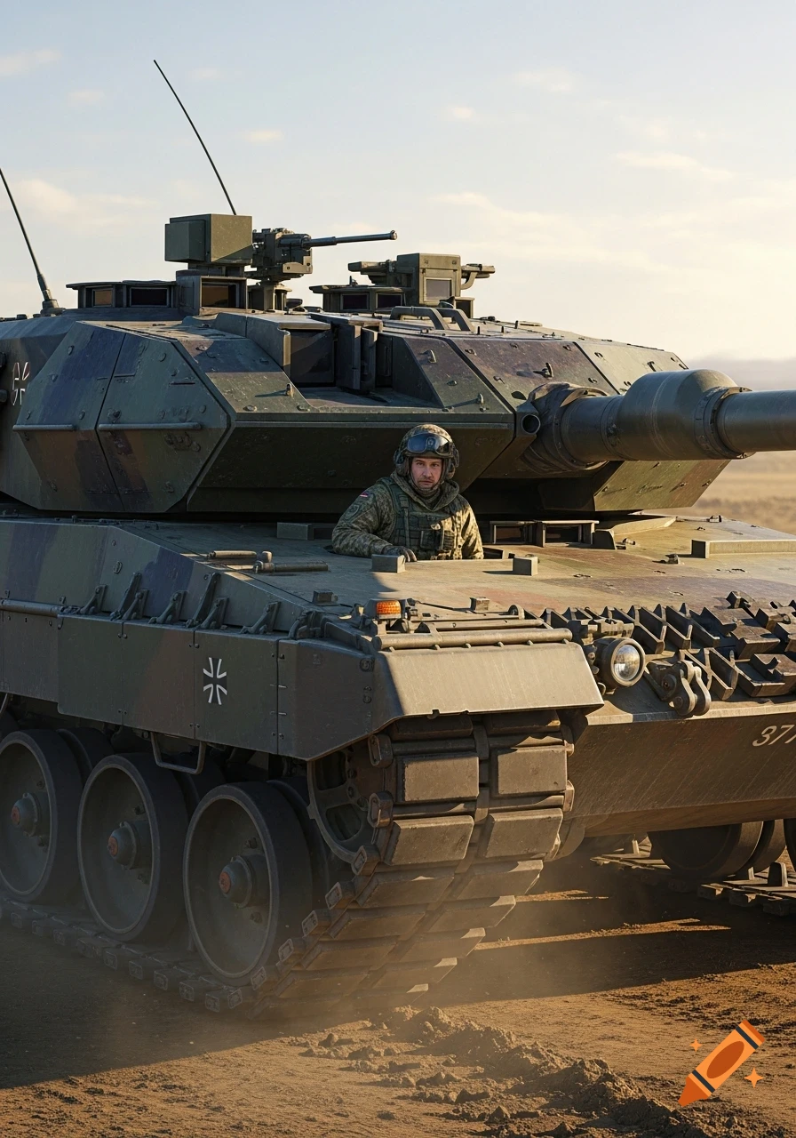 A Bundeswehr tank commander in uniform looks out from the hatch of a ...