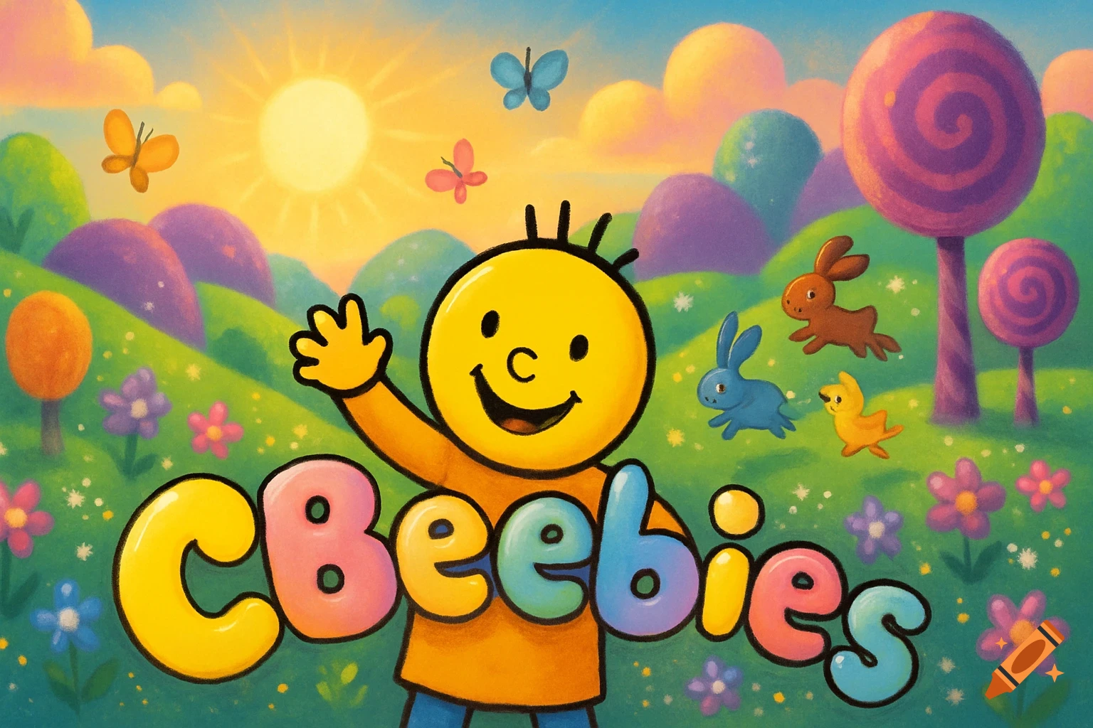 A cheerful yellow cartoon character waves in a vibrant, whimsical ...