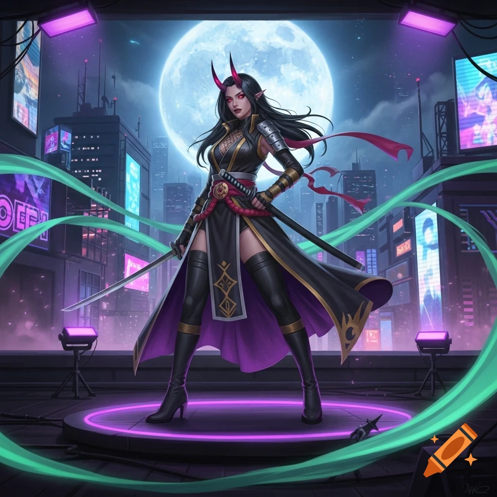 A dark-haired demoness with red horns and eyes, dressed in a black and ...