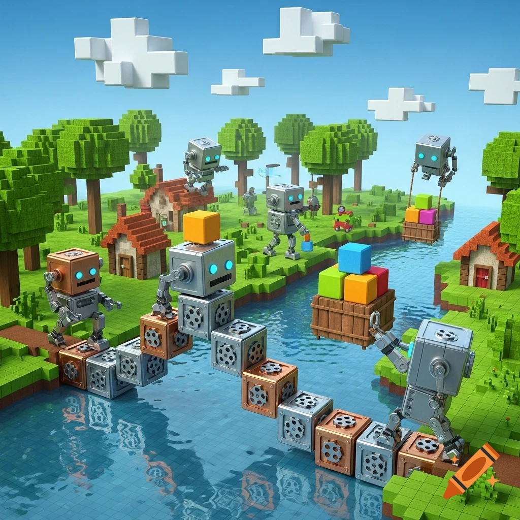 Cube robots cooperate, building a bridge and carrying blocks in a ...