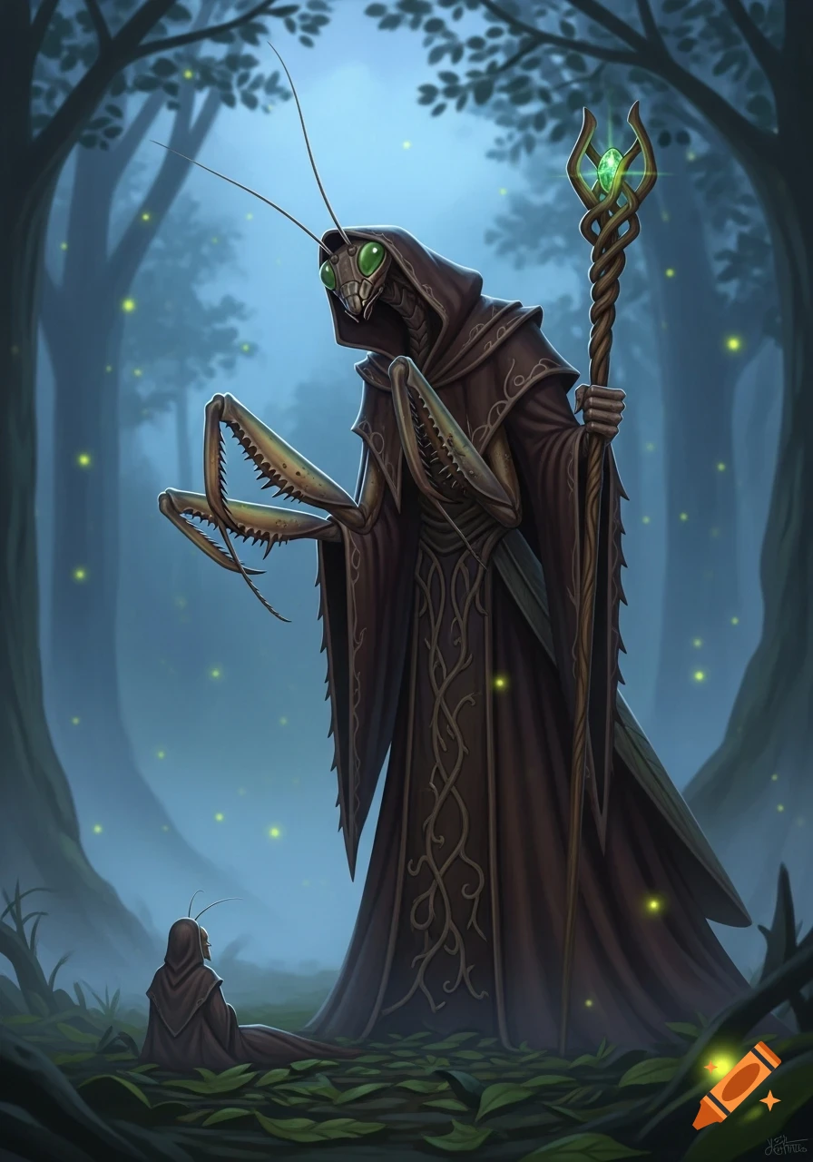 A large cloaked mantis-like figure holding a glowing staff looks down ...