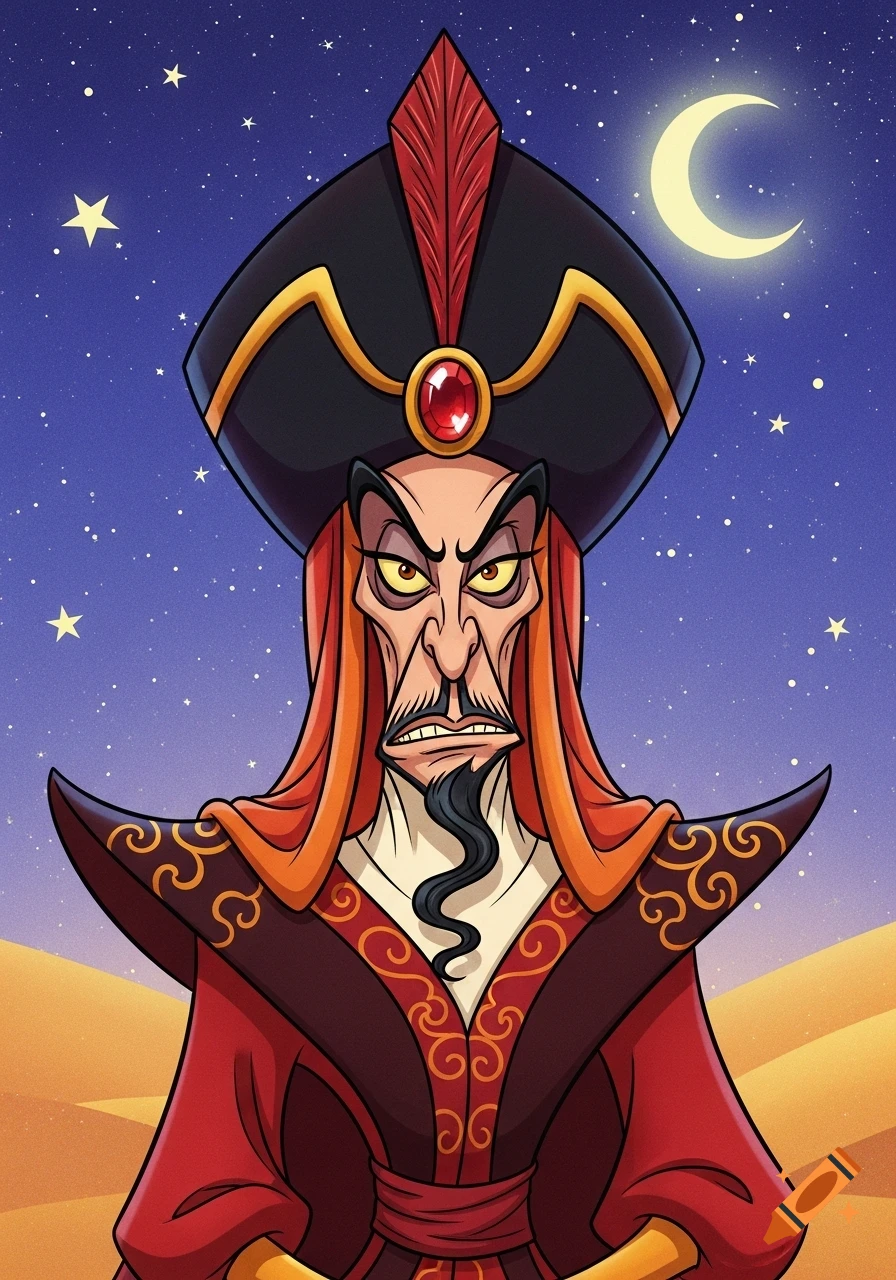 A caricature drawing of Disney villain Jafar with a stern expression ...