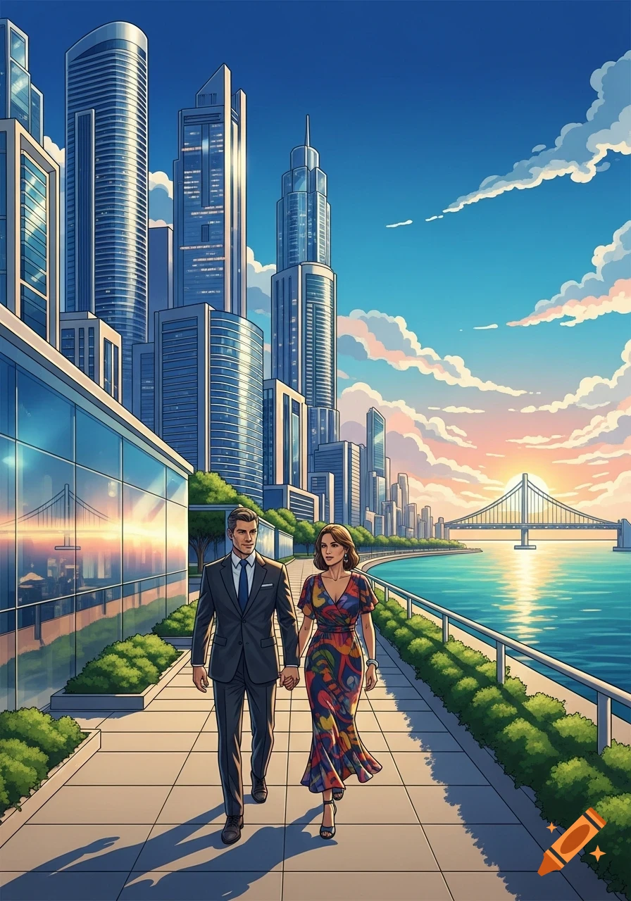 A cartoon couple walks along a waterfront promenade with a modern city ...
